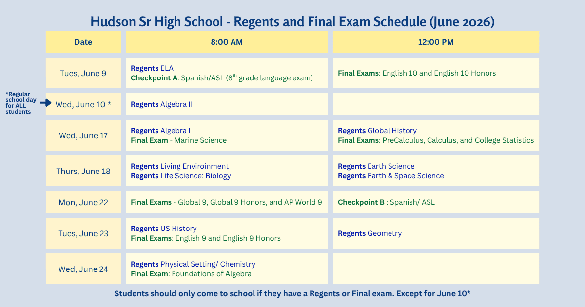 Regents and Final Exam Schedule - HSHS June 2026 | Hudson City School ...